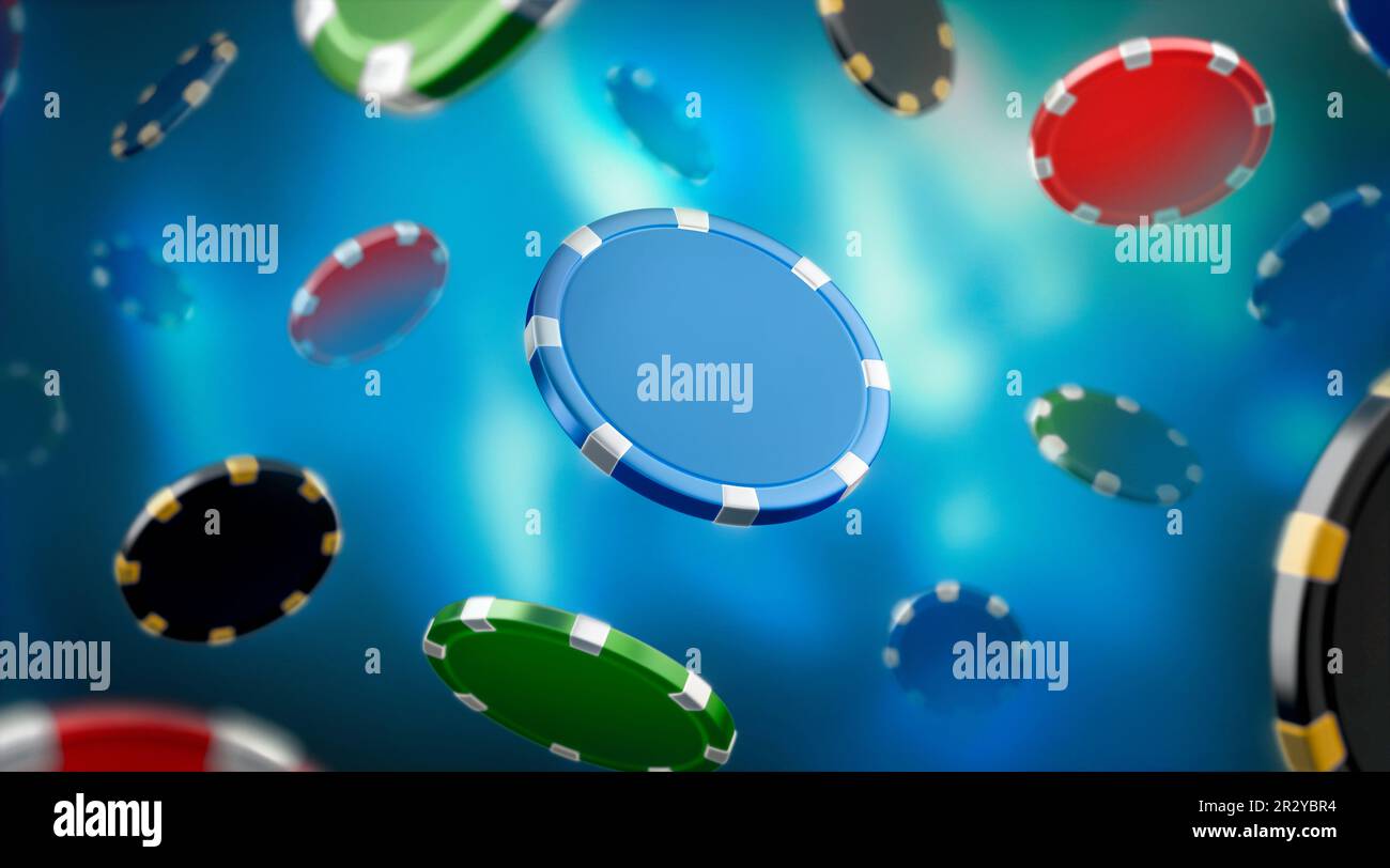 Colored plastic chip mockup no gravity, blue blur background Stock ...