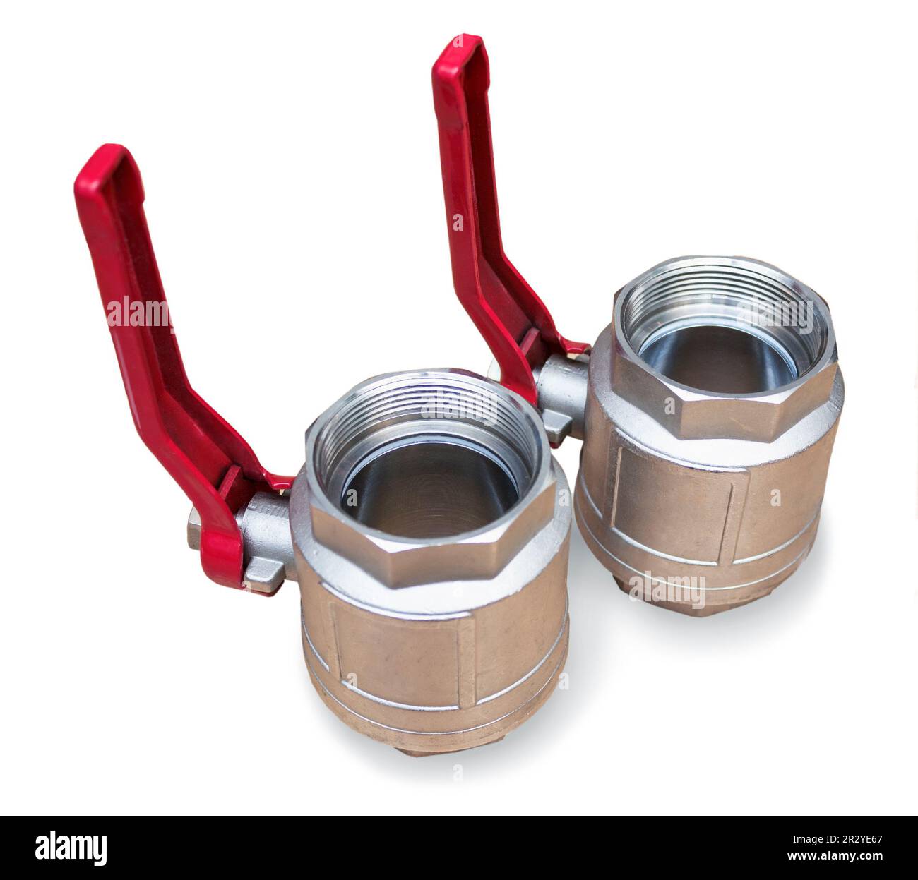 Couple two inch ball taps with handle-lever isolated on white ...