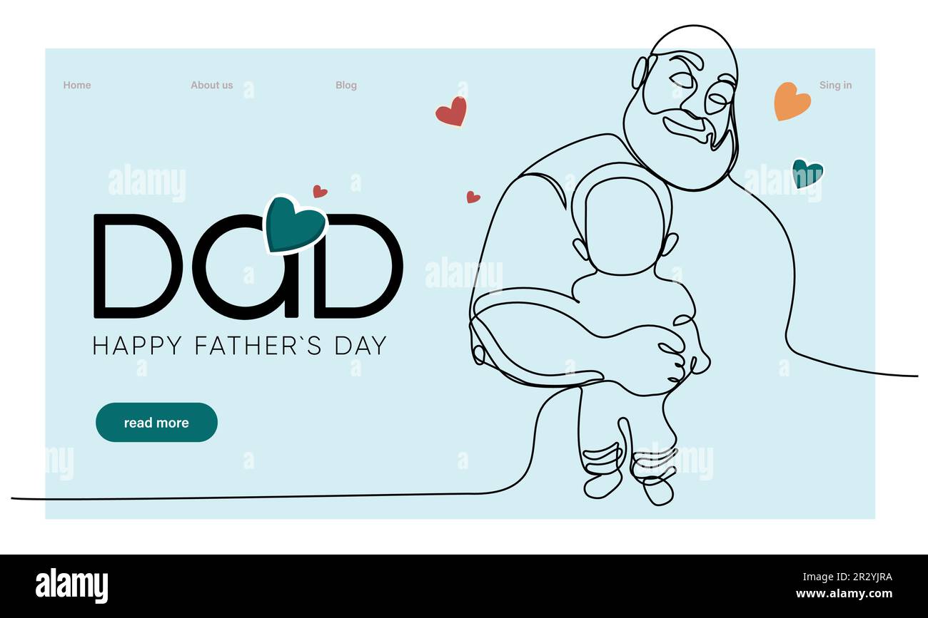 Hugs of a father with a child. One continuous line drawing banner ...