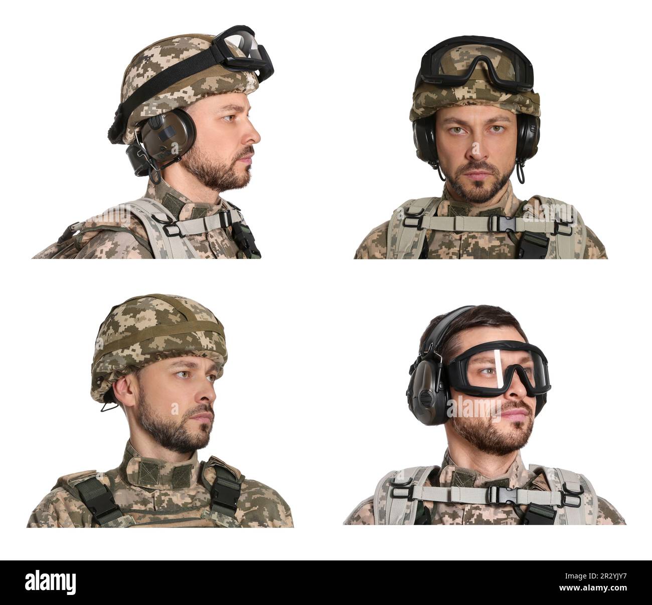 Collage with photos of Ukrainian soldier wearing military uniform on ...