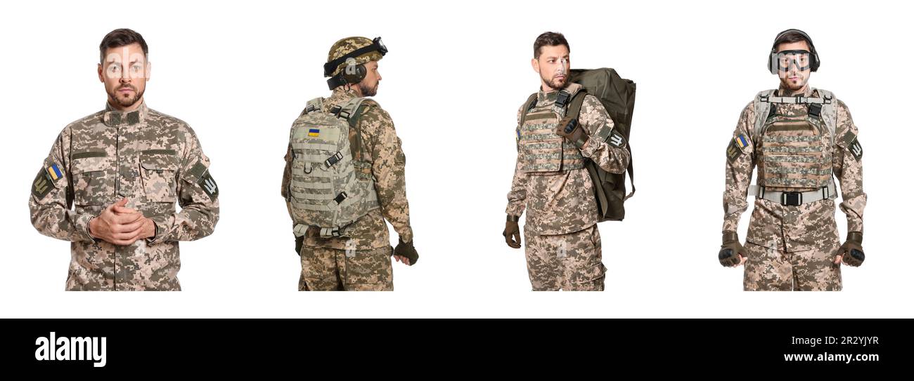 Collage with photos of Ukrainian soldier wearing military uniform on ...