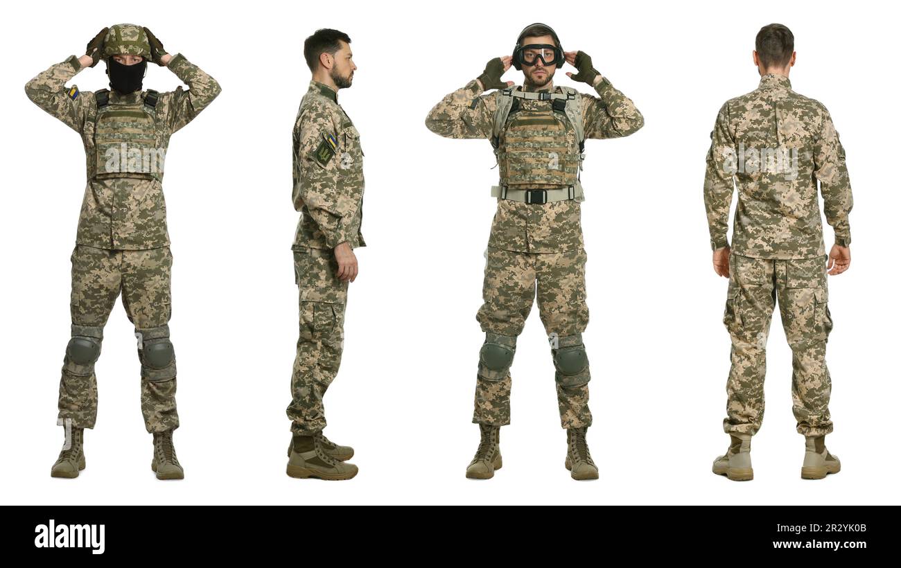 Collage with photos of Ukrainian soldier wearing military uniform on ...