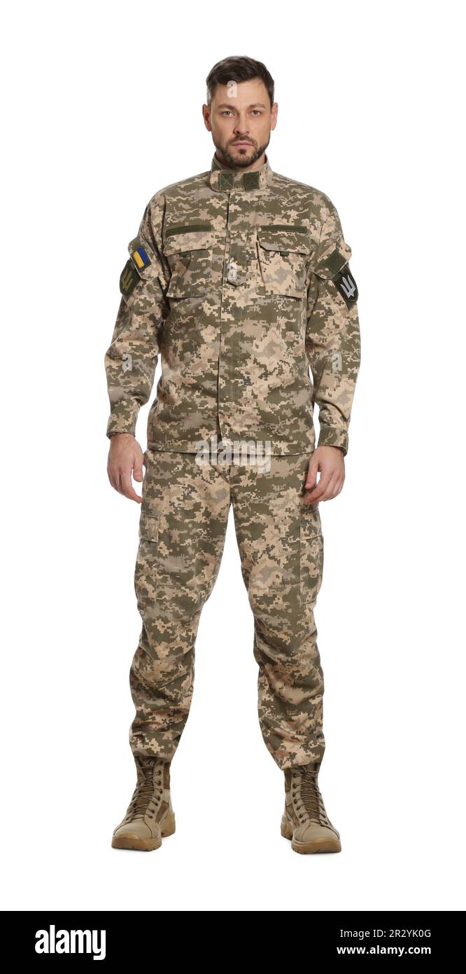 Ukrainian soldier in military uniform on white background Stock Photo ...