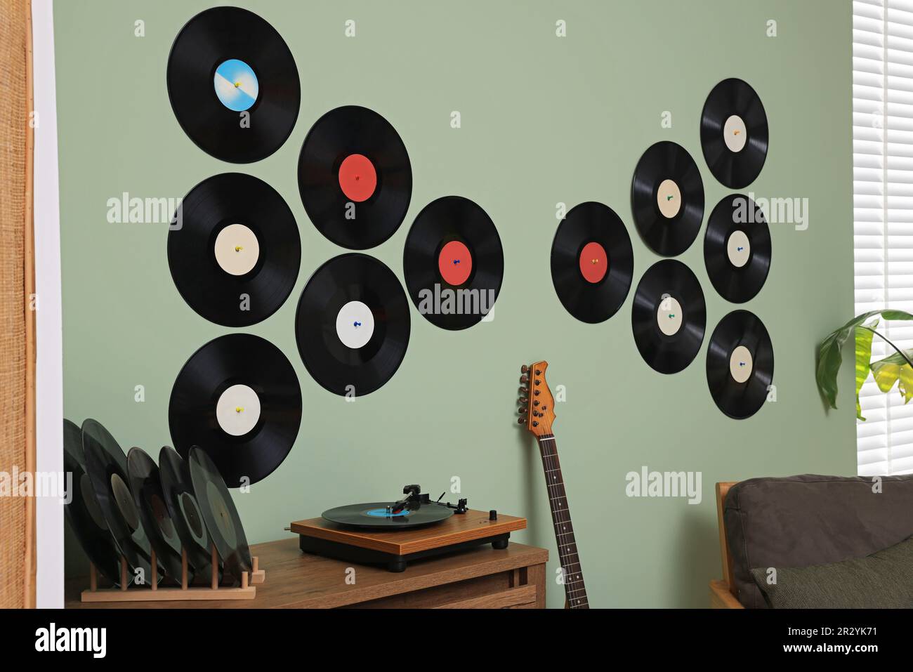 Living room interior decorated with vinyl records Stock Photo - Alamy