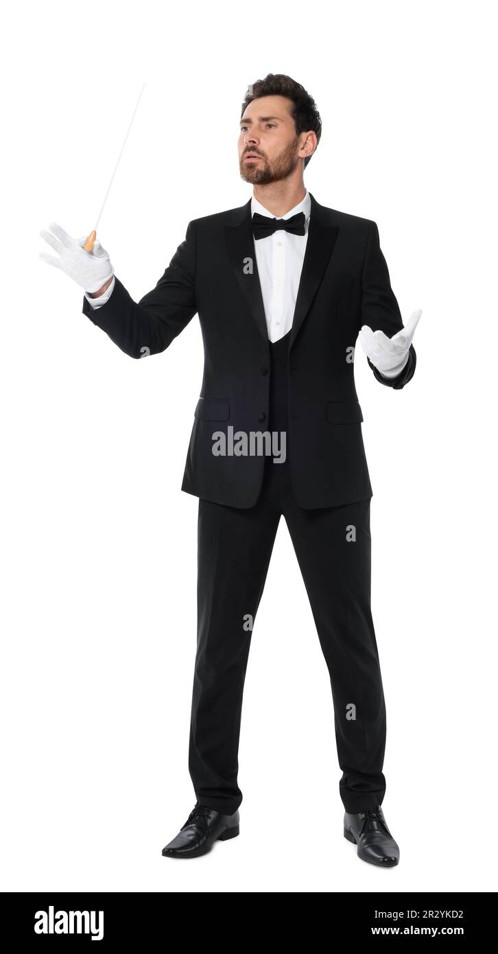 Professional conductor with baton on white background Stock Photo - Alamy