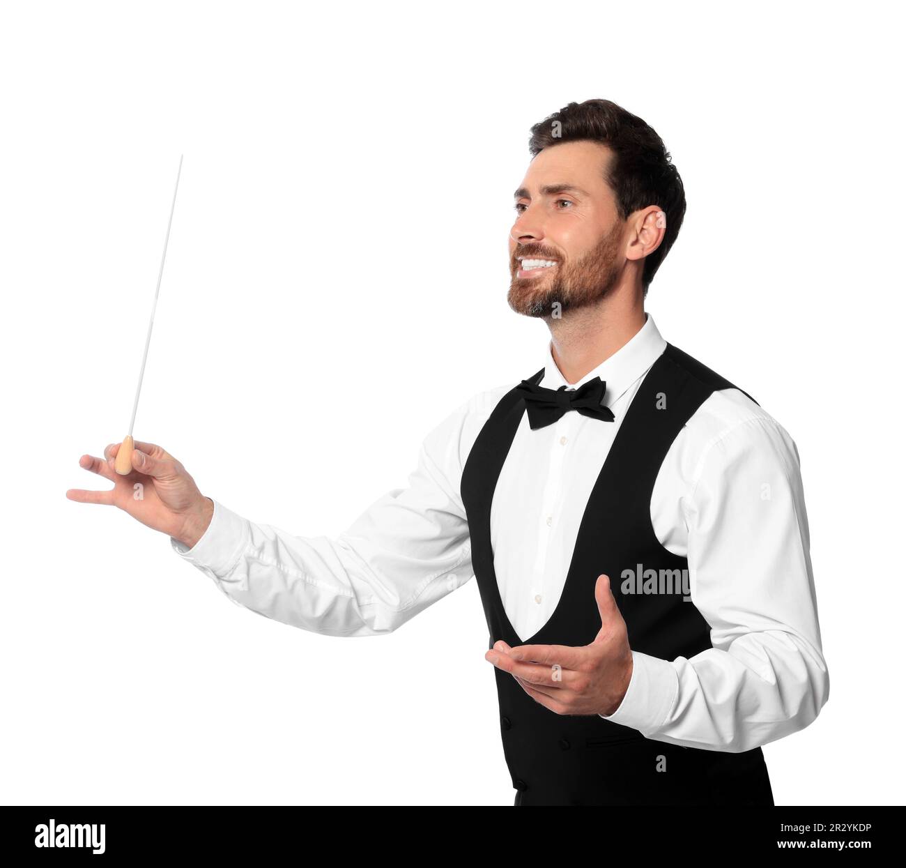 Happy professional conductor with baton on white background Stock Photo ...