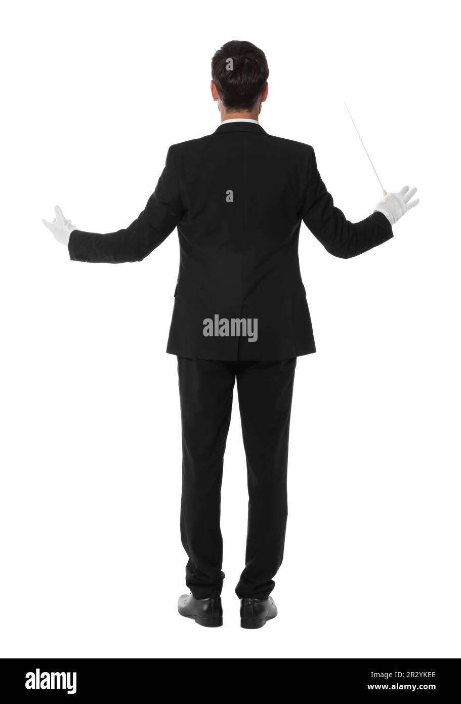 Professional conductor with baton on white background, back view Stock ...