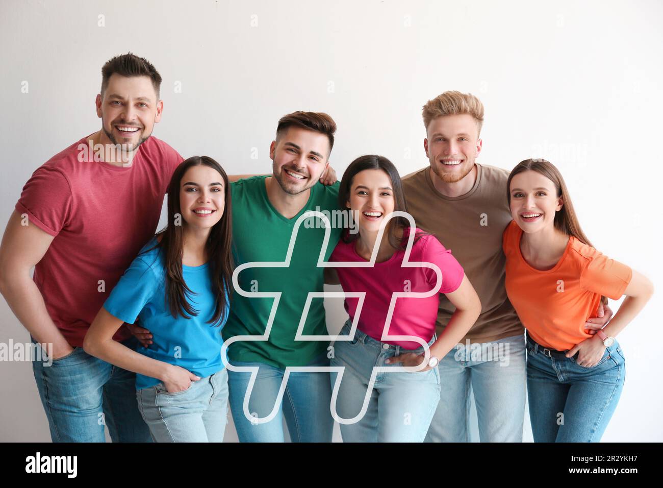 Hashtag icon and group of happy people on white background Stock Photo ...