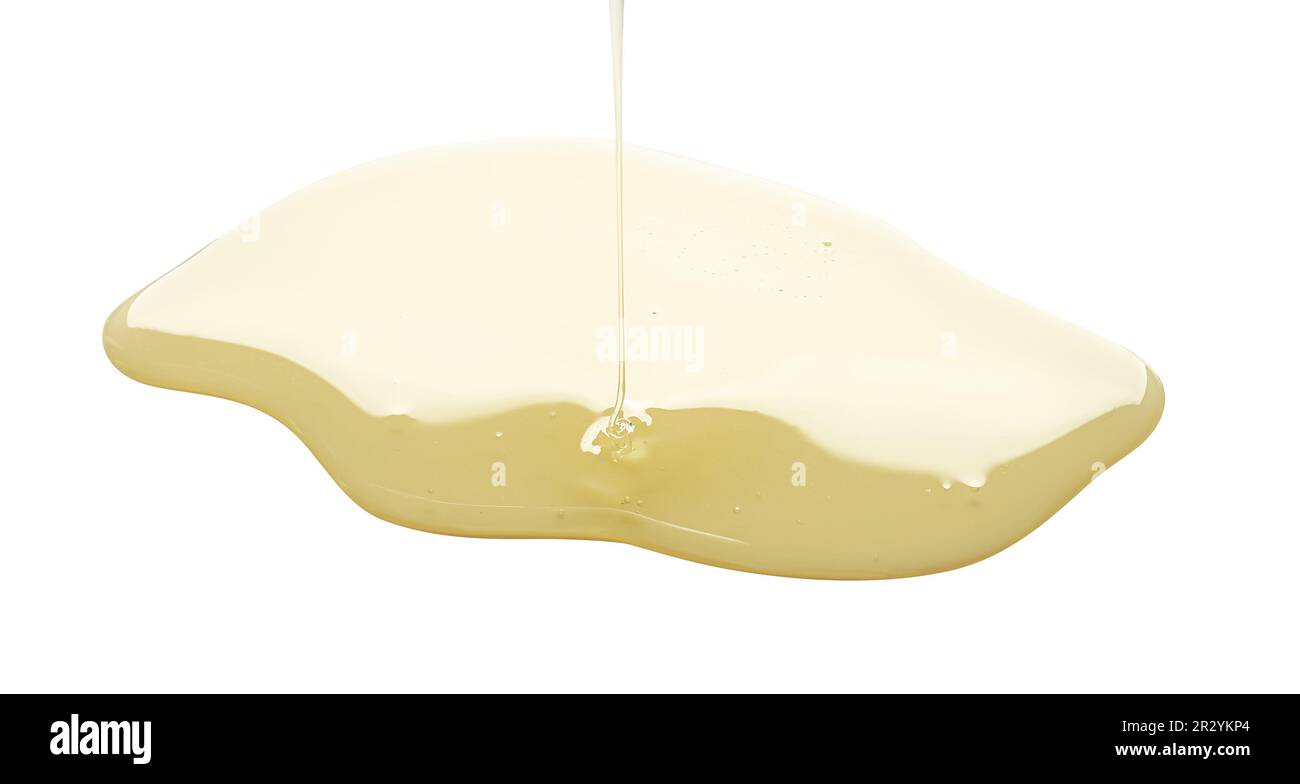 Vegetable oil pouring to puddle on white background Stock Photo - Alamy