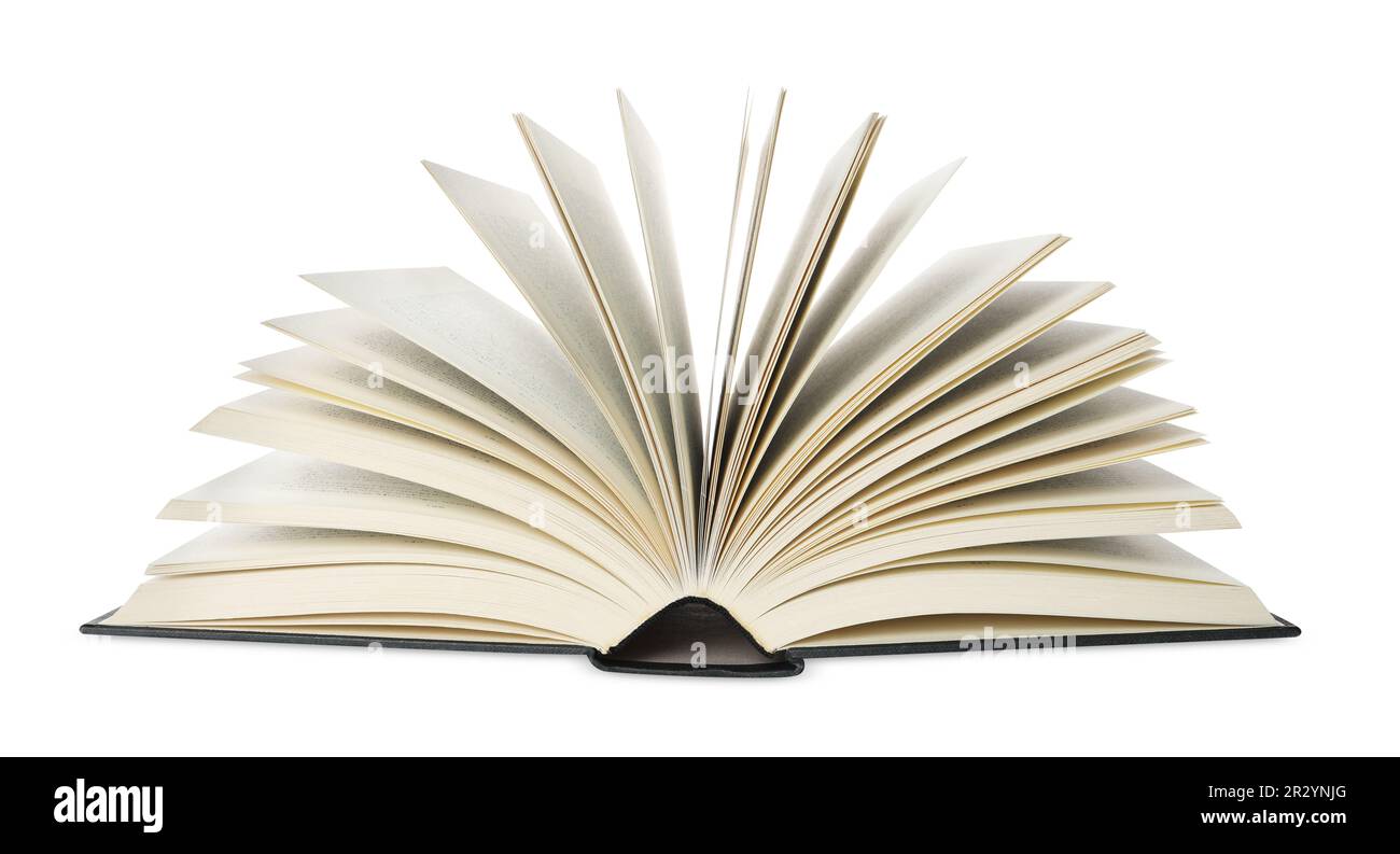 Open book with hard cover on white background Stock Photo - Alamy