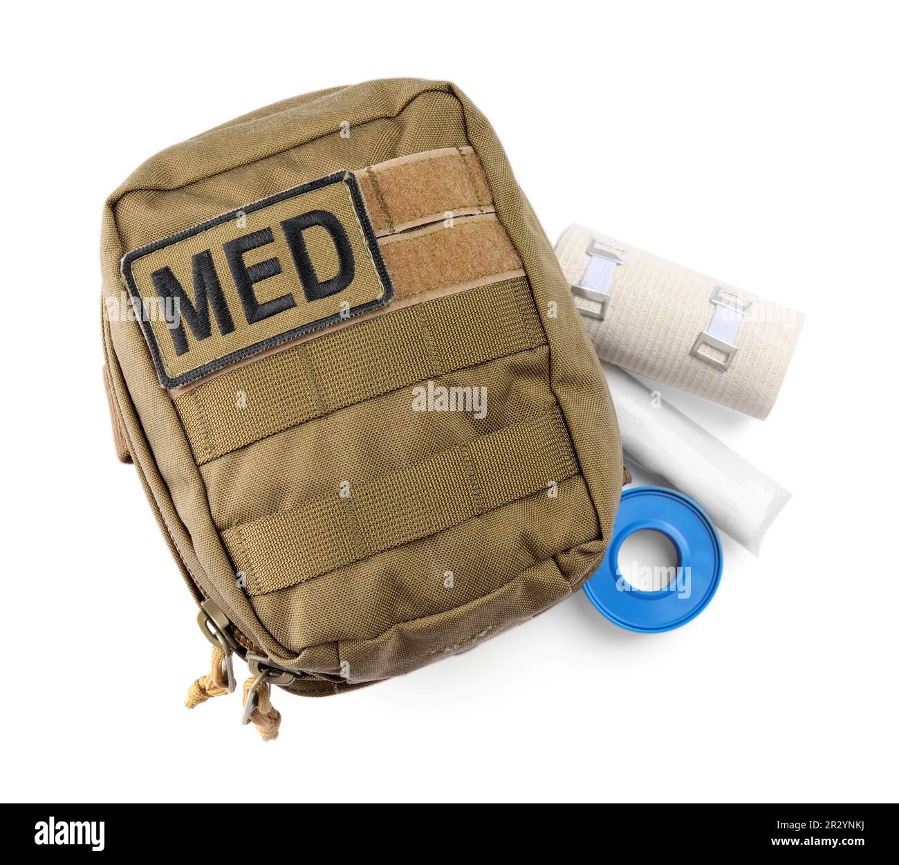 Military first aid kit on white background, top view Stock Photo - Alamy