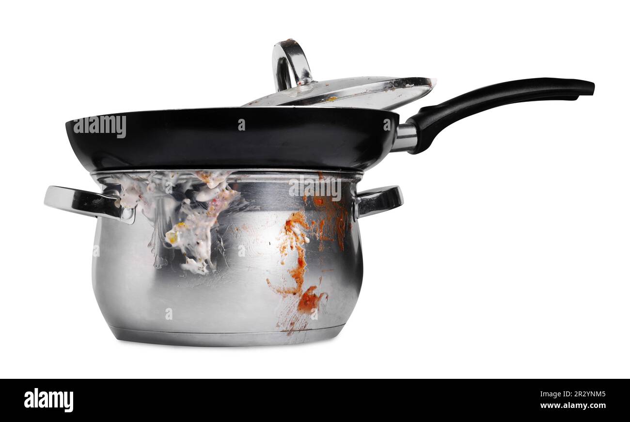 Stack of dirty kitchenware on white background Stock Photo - Alamy