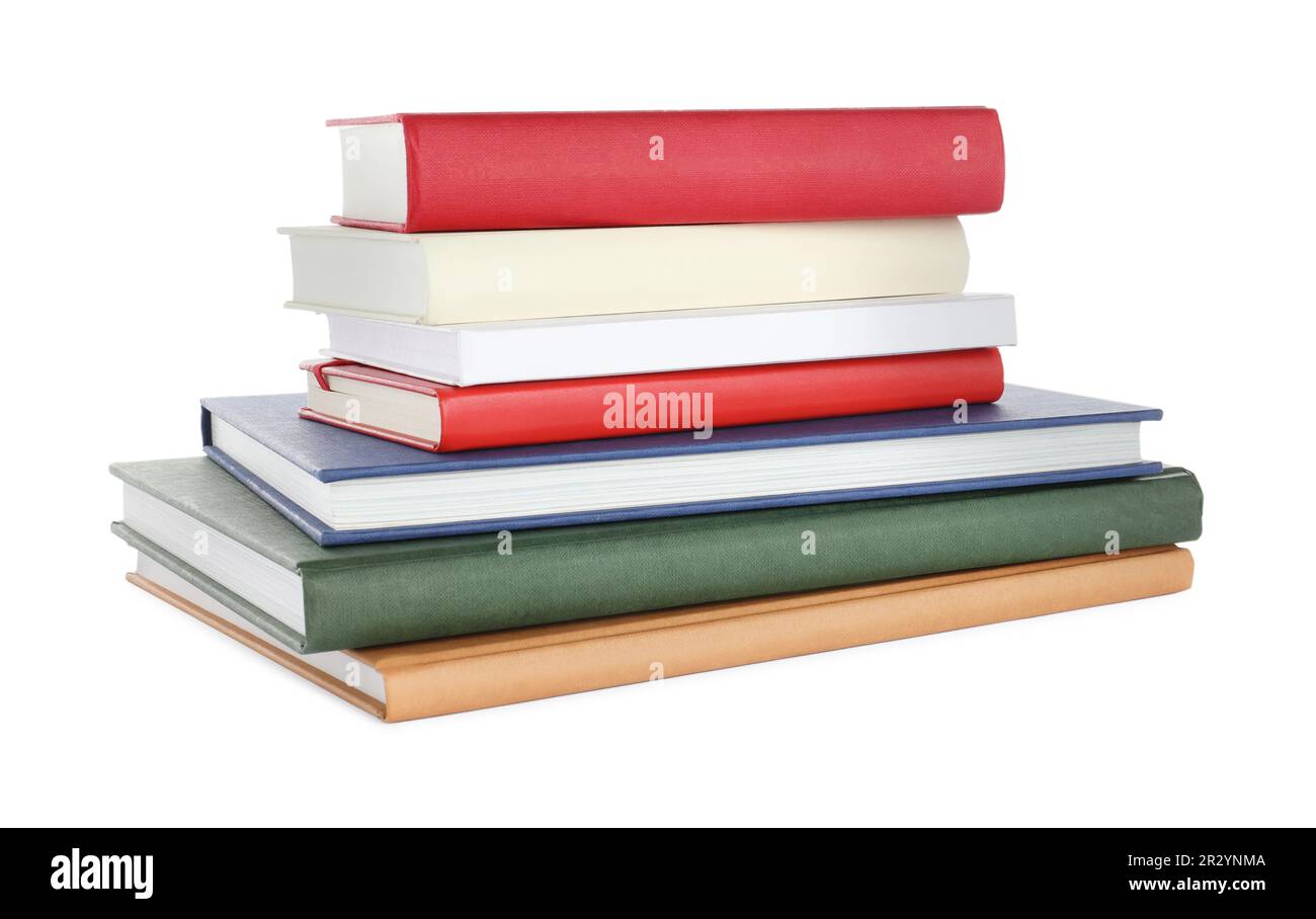 Stack of different books on white background Stock Photo - Alamy
