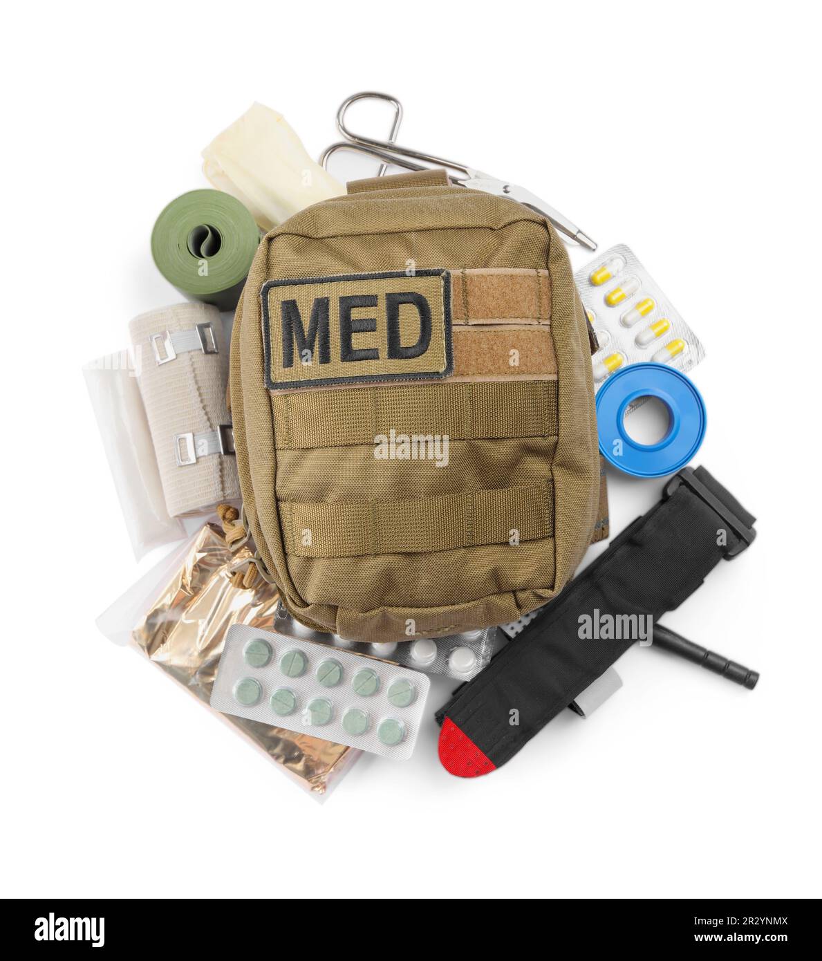 Military first aid kit on white background, top view Stock Photo - Alamy