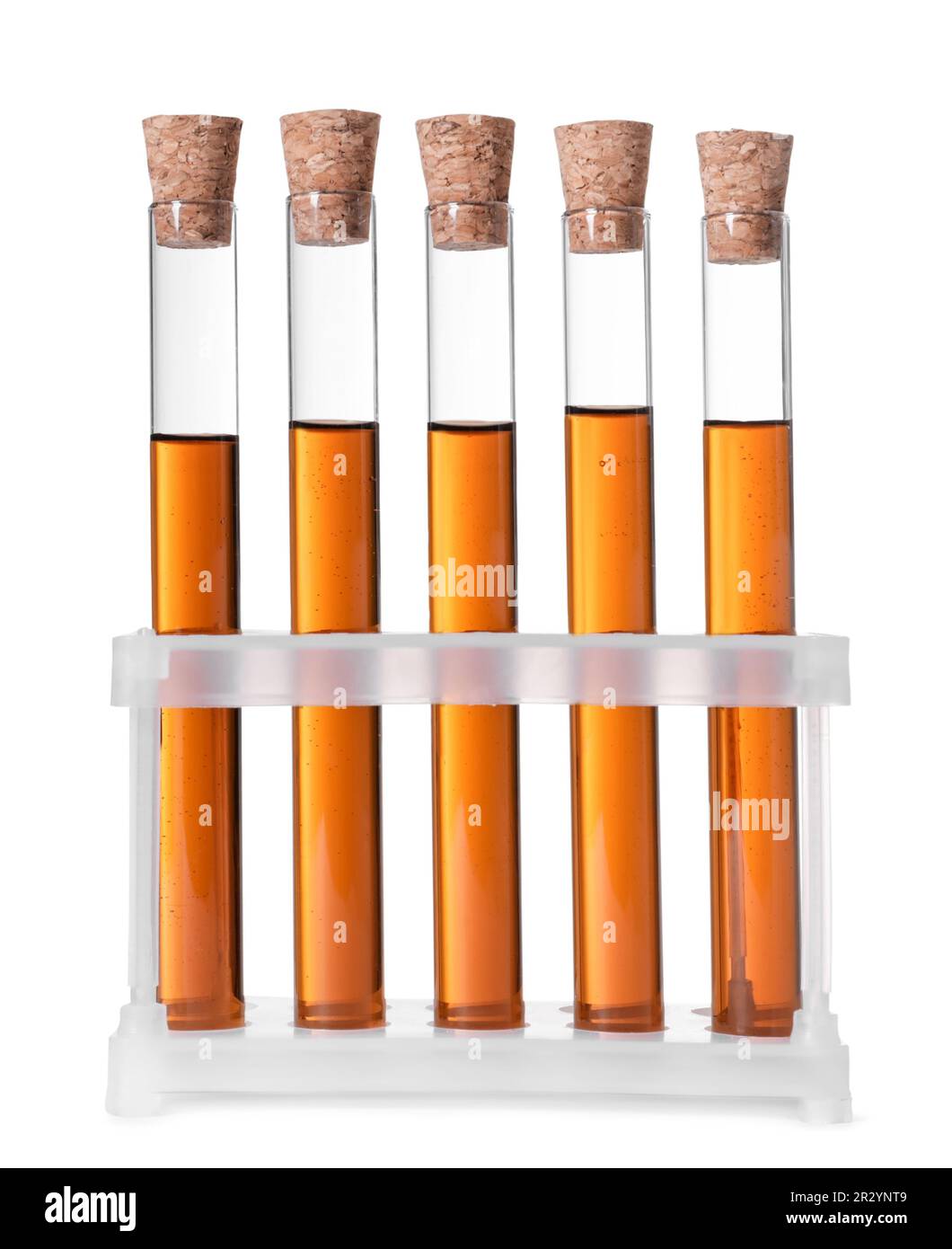Test tubes with brown liquid in stand on white background Stock Photo ...