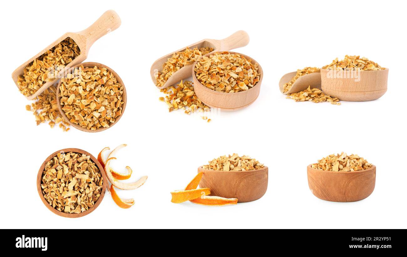 Collage with dried orange zest seasoning on white background Stock ...