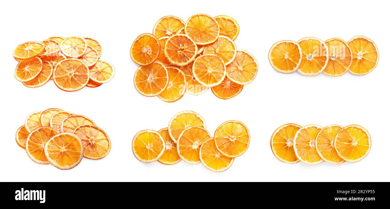 Collage with dry orange slices on white background, banner design Stock ...