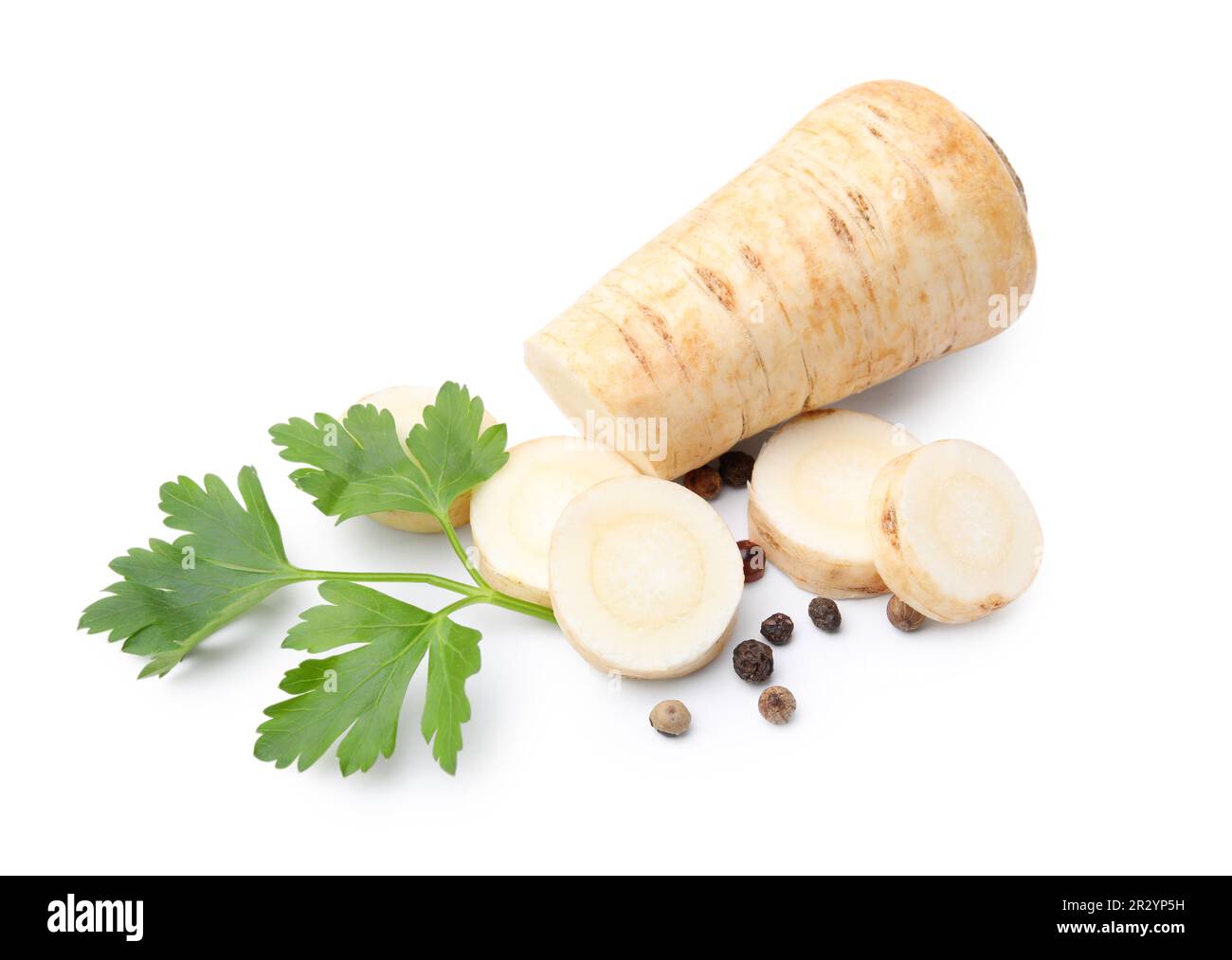 Whole and cut raw parsley root, fresh herb isolated on white Stock ...