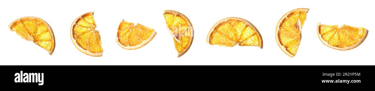 Collage with dry orange slices on white background, banner design Stock ...
