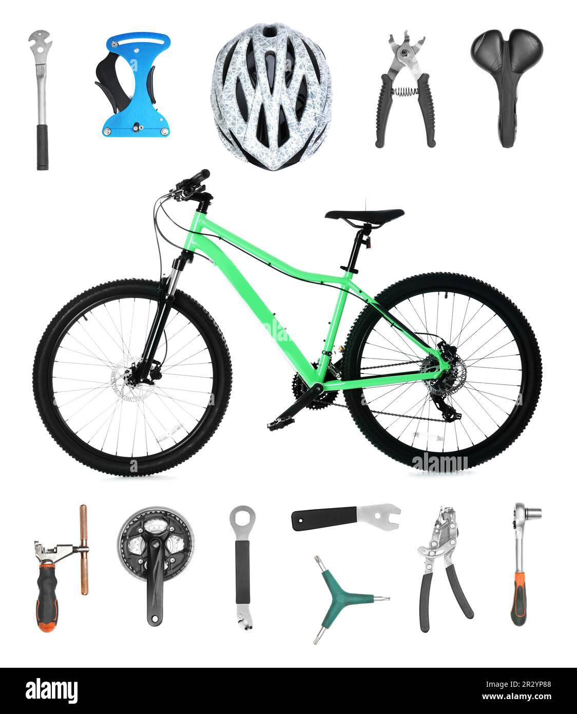 Modern bicycle, its details and tools for repair on white background ...