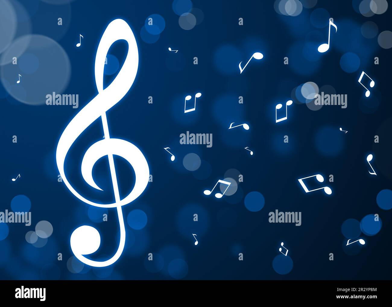 Treble clef and music notes flying on blue background, bokeh effect ...