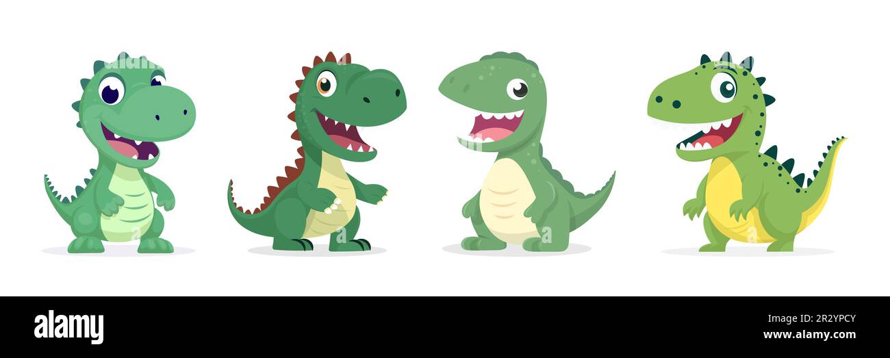 Vector Cute Kind Baby Kid Smiling Dinosaur Set. Happy Cartoon Green ...