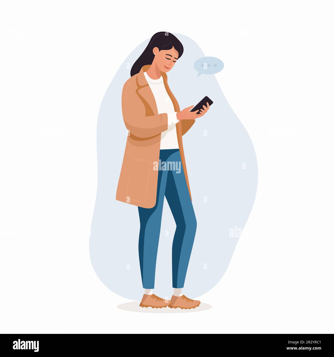 Young Girl, Woman is Looking on Smartphone and Chatting. Happy Girl ...