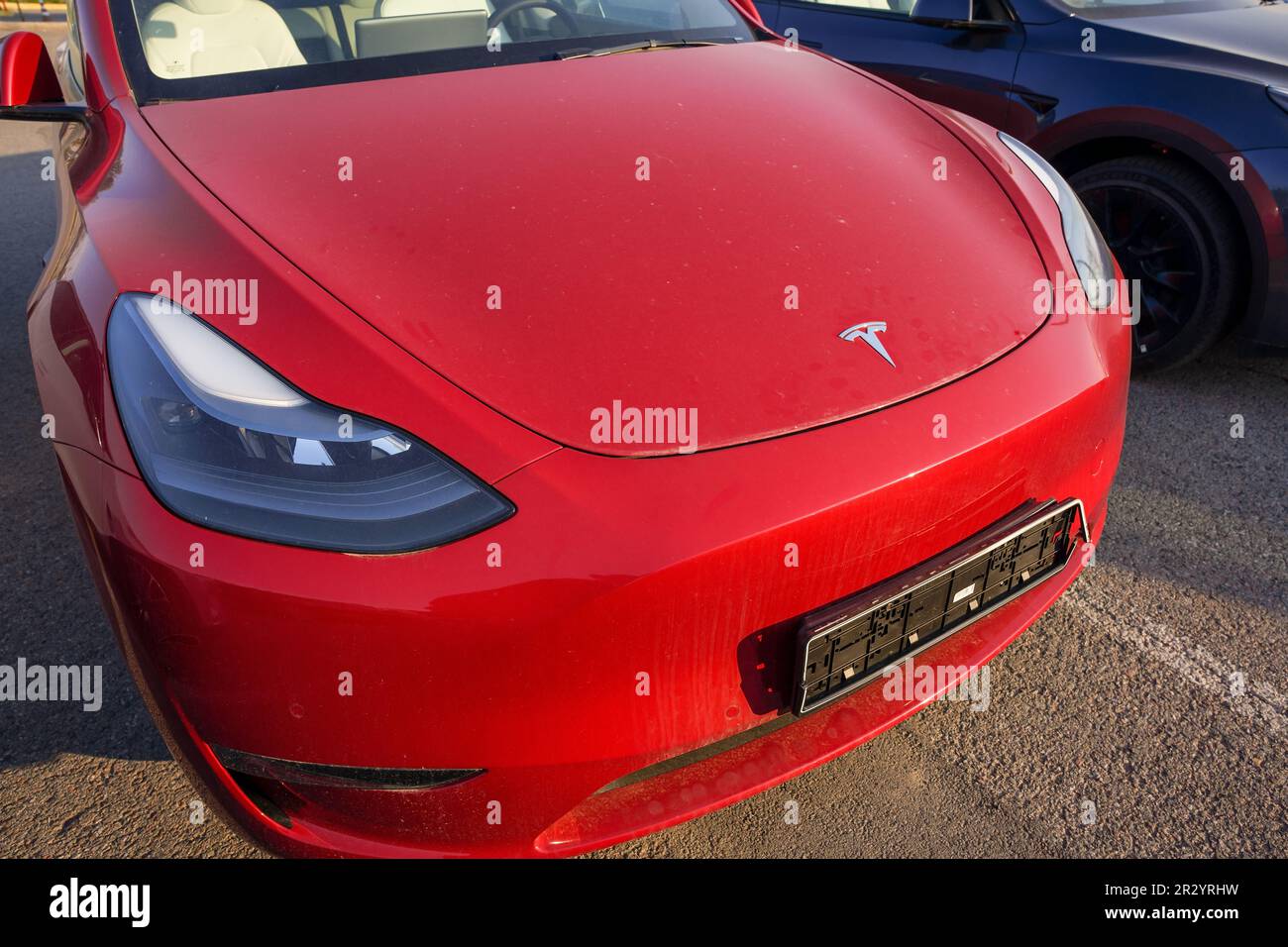 Almaty, Kazakhstan - May 4, 2023: The front of the car Tesla Model 3 ...
