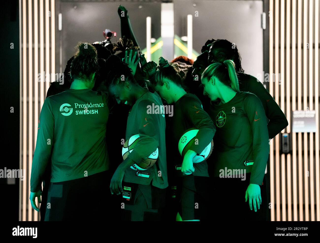 Seattle Storm guard Jewell Loyd, center, leads the Storm in a huddle as ...