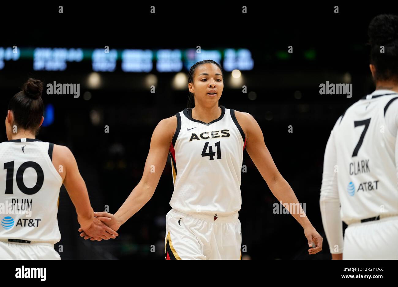 Las Vegas Aces center Kiah Stokes (41) greets guard Kelsey Plum (10 ...