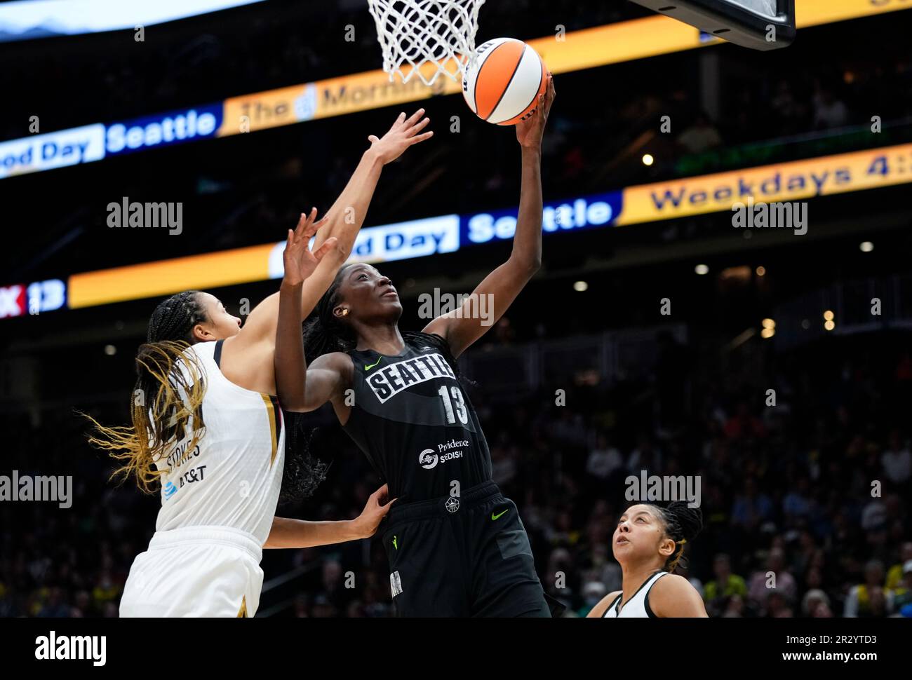 Seattle Storm center Ezi Magbegor (13) goes to the basket against Las ...