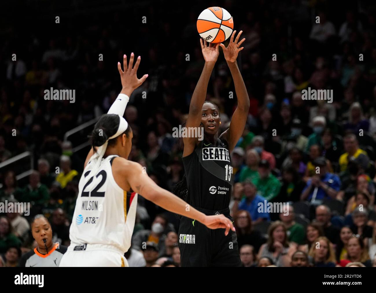 Seattle Storm center Ezi Magbegor (13) shoots against Las Vegas Aces ...