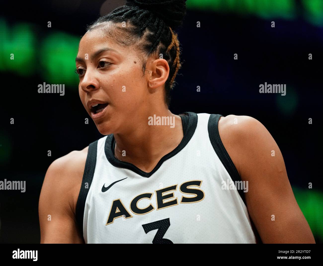 Las Vegas Aces forward Candace Parker looks on during a timeout against ...