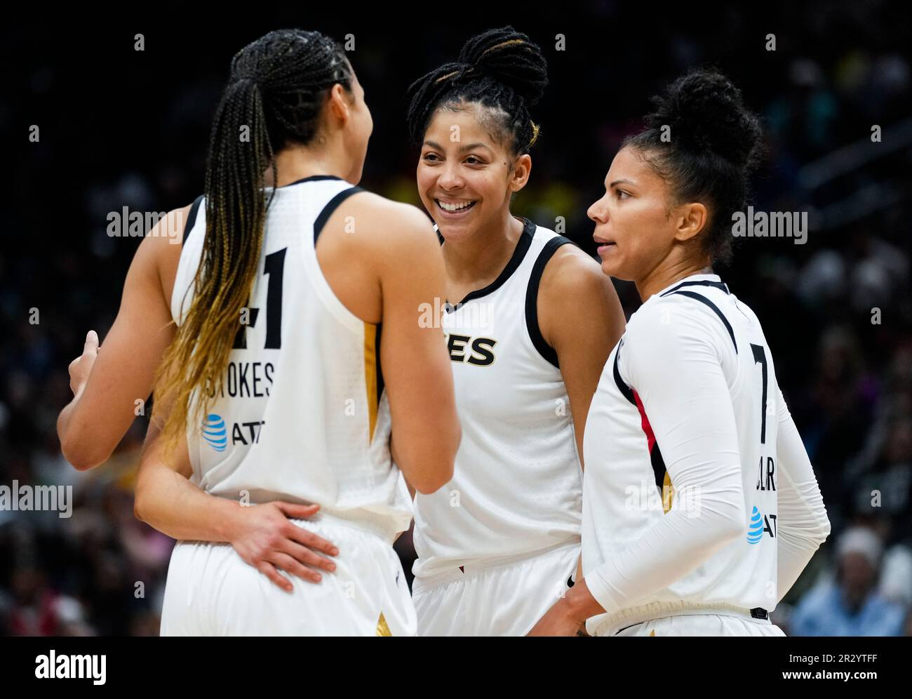 Las Vegas Aces forward Candace Parker, center, smiles with teammates ...