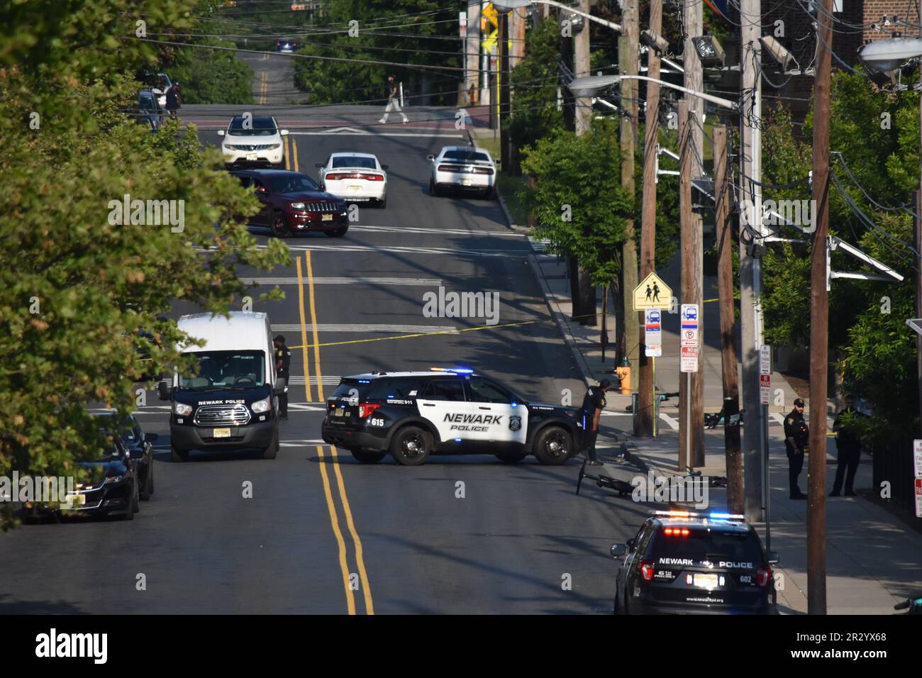 Newark, United States. 21st May, 2023. Police vehicles block the area ...