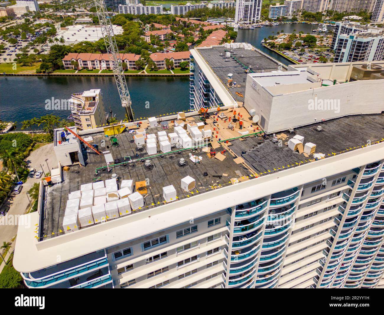 Hollywood, FL, USA - May 16, 2023: Aerial drone inspection new roof ...