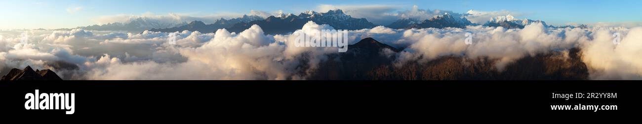 Evening sunsed panoramic view on great Himalayan range and top of mount ...