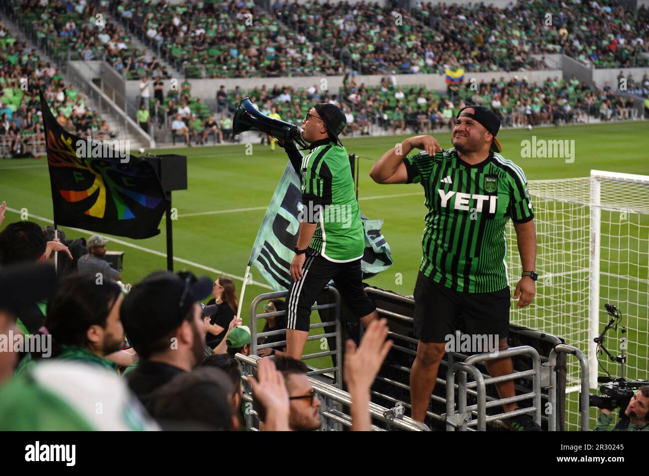 AUSTIN, TX - MAY 20: Austin FC fan leaders cheer during the game ...