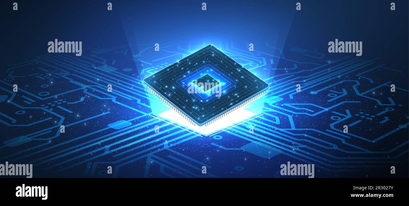 Computer chip. Microprocessor in digital hand on circuit board Stock ...