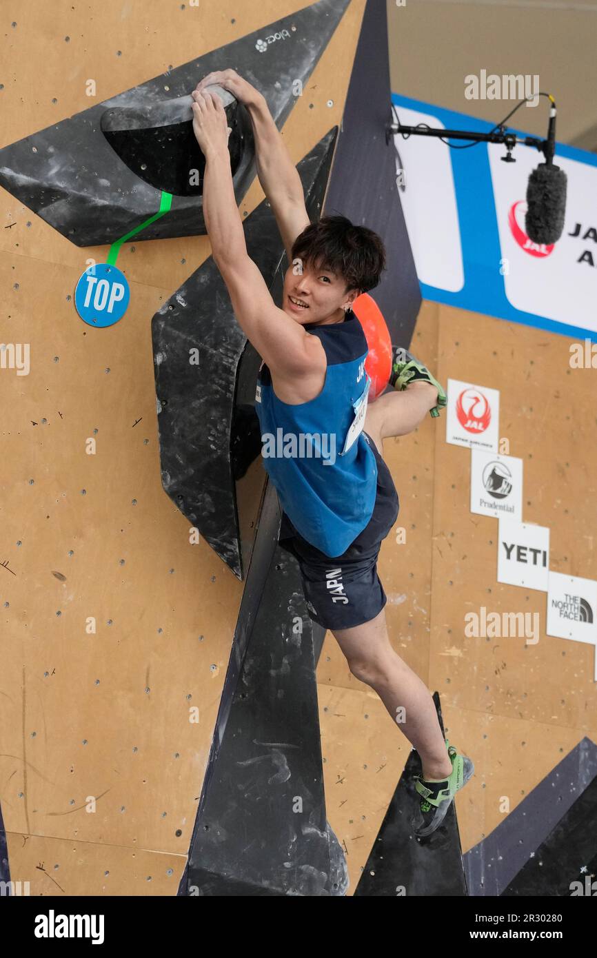 Japan's Sorato Anraku celebrates after climbing during the men's ...