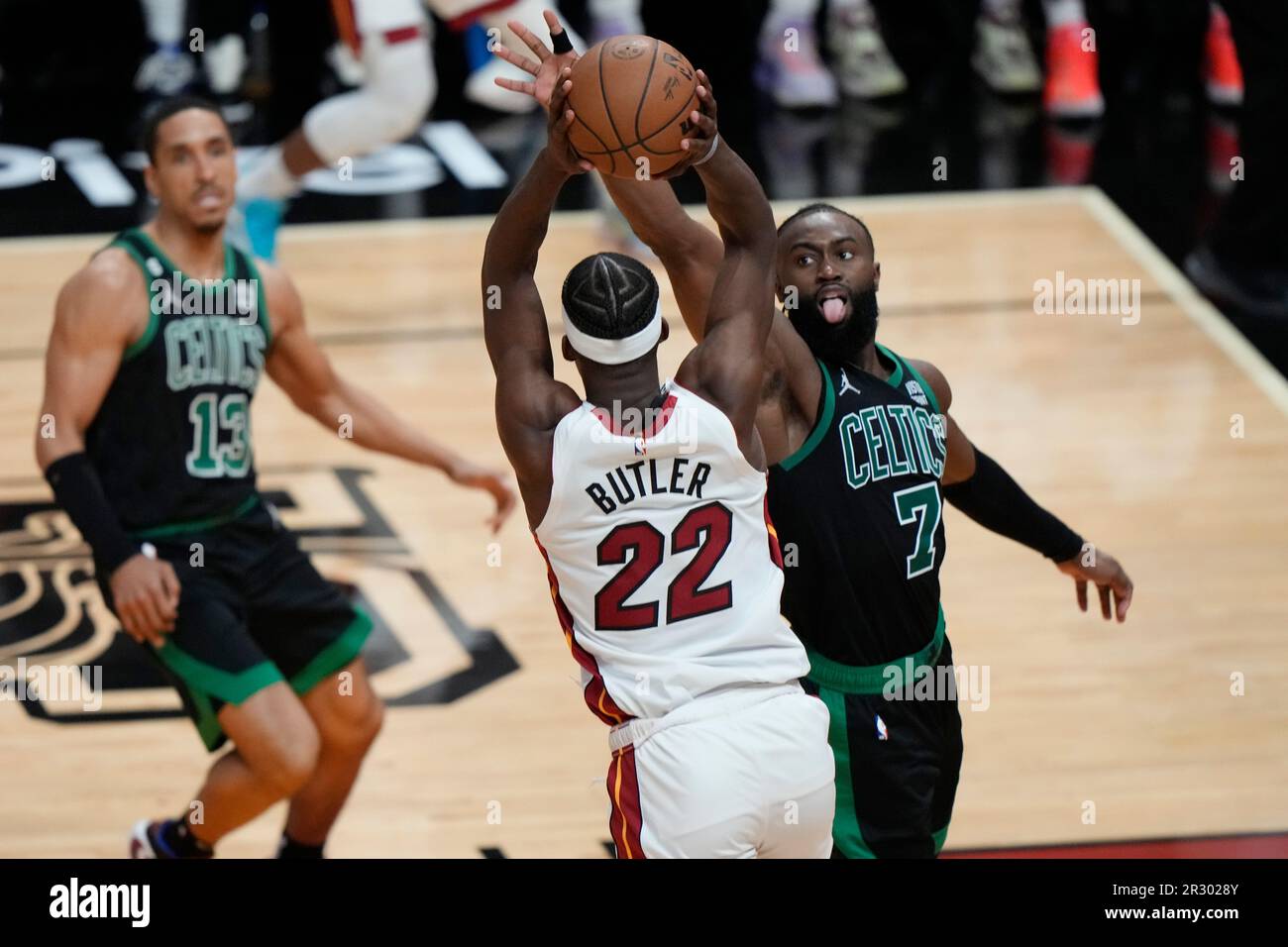 Boston Celtics guard Jaylen Brown (7) defends Miami Heat forward Jimmy Butler (22) during the ...