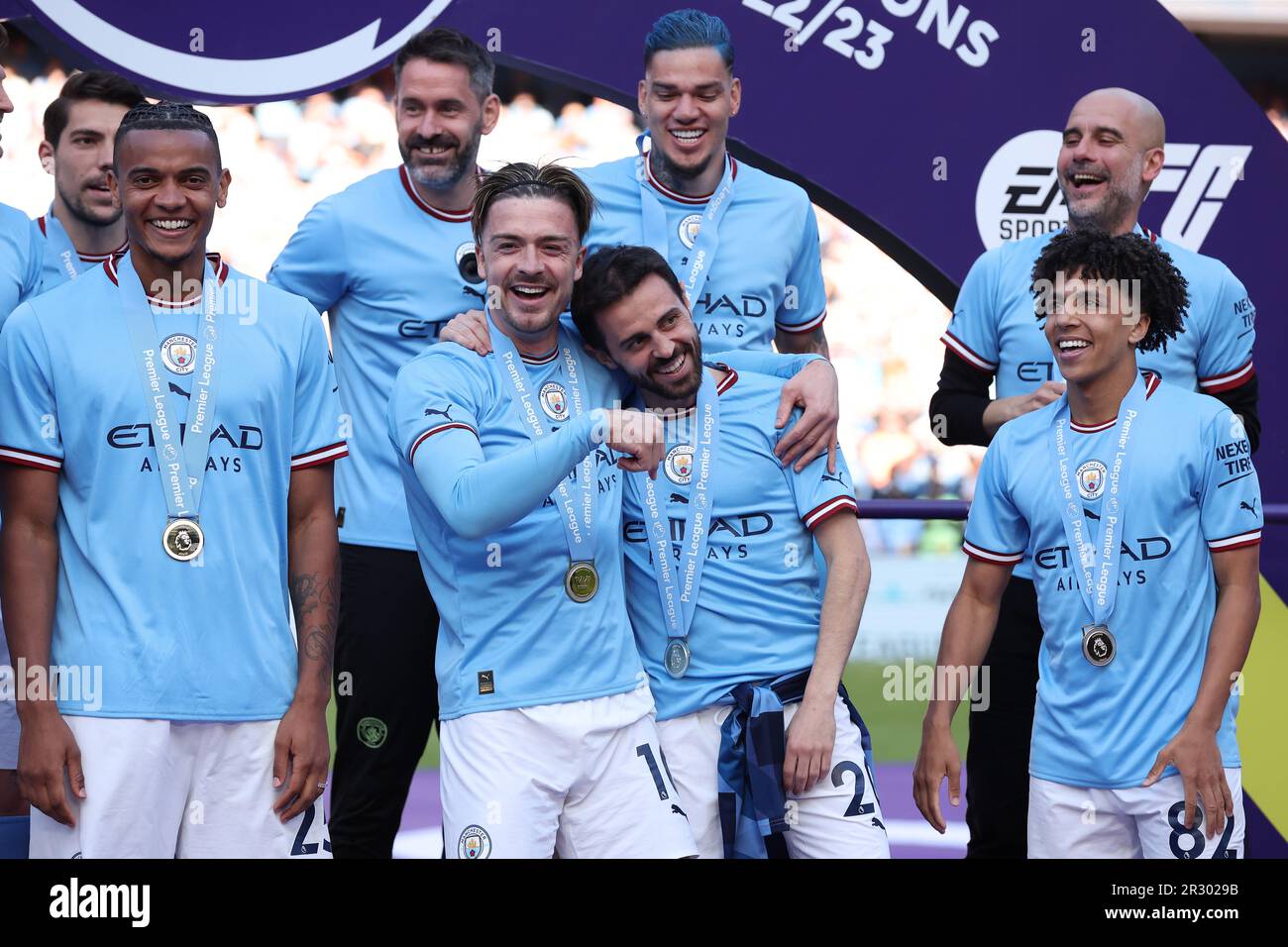 Manchester, UK. 22nd May, 2023. Manchester City's players celebrate ...
