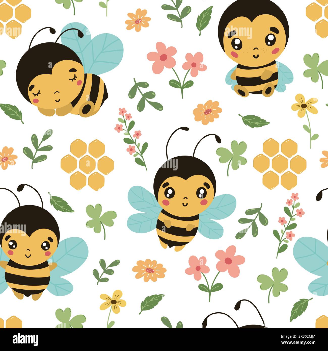 Funny bees and flowers seamless pattern. Vector naive characters in ...