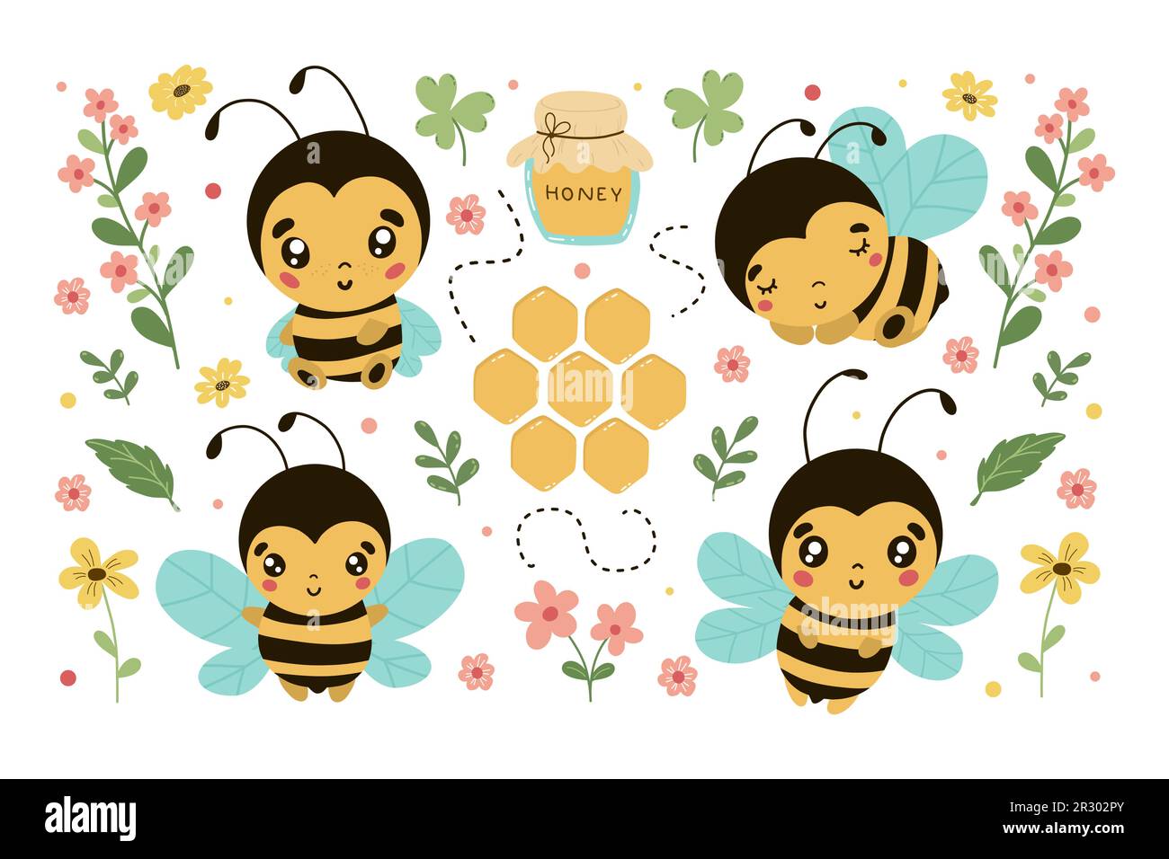Funny bees with flowers and more. Vector naive characters in ...