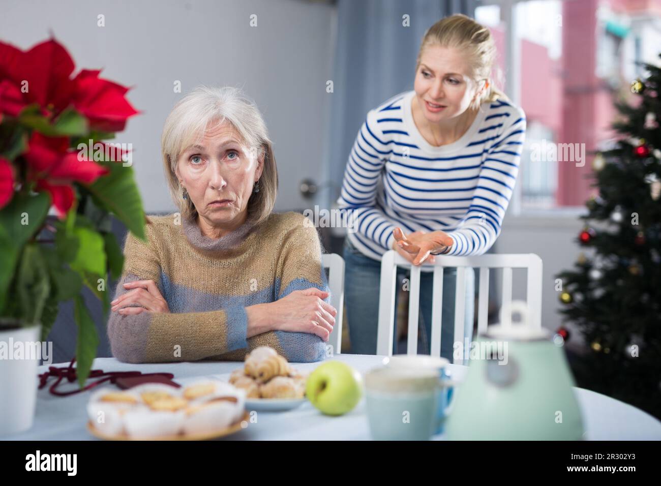 Domestic quarrel between an elderly mother and an daughter on Christmas ...