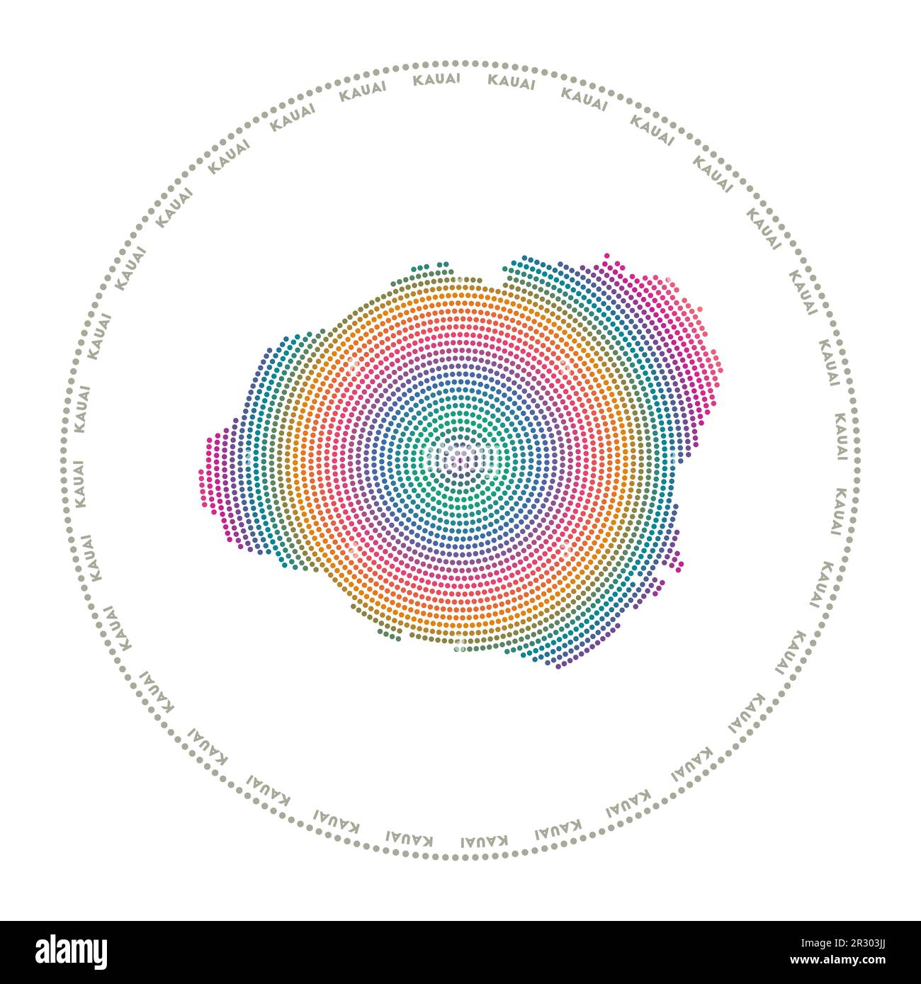 Kauai round logo. Digital style shape of Kauai in dotted circle with ...