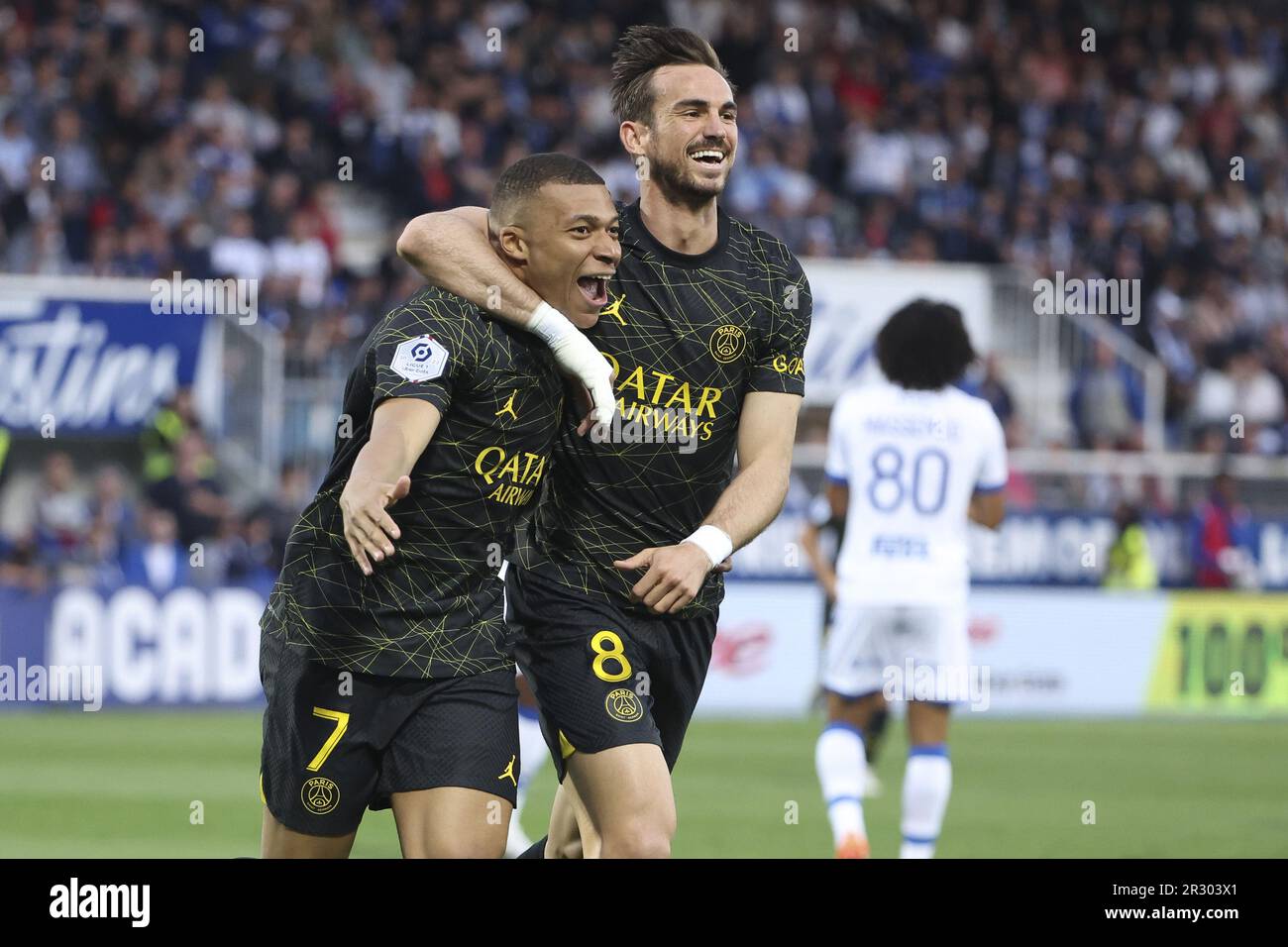 Kylian Mbappe of PSG celebrates his first goal with Fabian Ruiz Pena ...