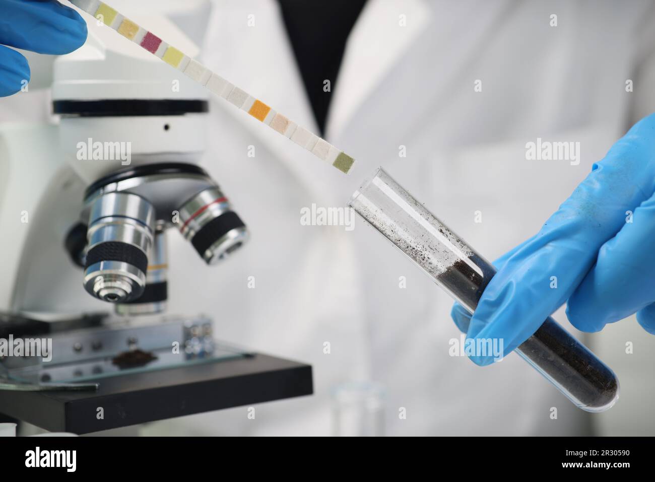 Researcher checks level of acidity of soil in glass tube Stock Photo ...