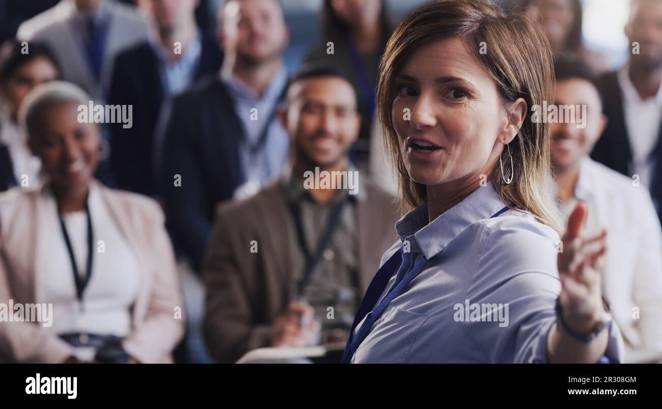 Business woman, presentation and a speaker with audience at a seminar ...