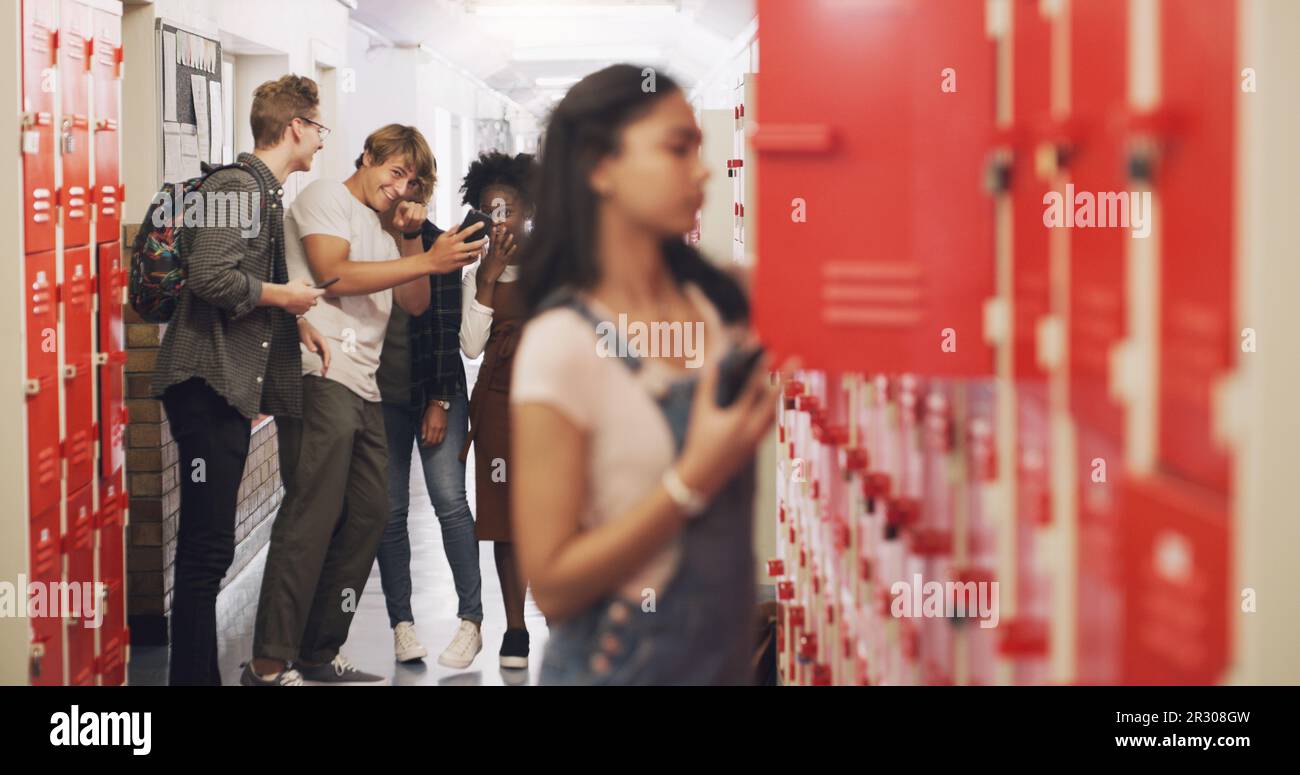 Bully, students and girl in high school, anxiety and stress with ...